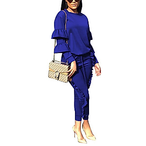 Akmipoem Women Sweatshirt Ruffle Sleeve Pullover Tops and Long Jogger Pants Royal Blue XL