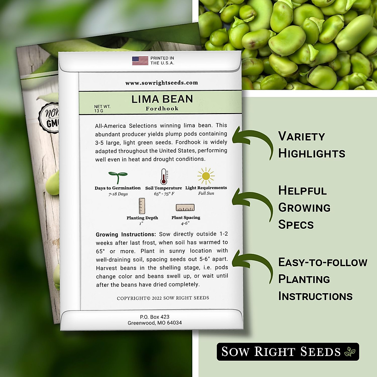 Sow Right Seeds - Fordhook Lima Bush Bean Seeds for Planting - Non-GMO Heirloom Packet with Instructions to Plant an Outdoor Home Vegetable Garden - Stringless Variety - Protein Packed Bush Bean (1)