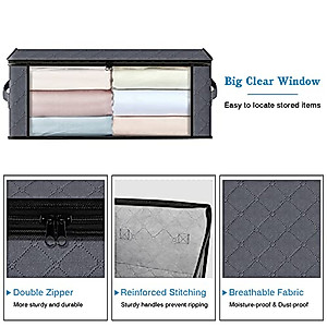 HomeHacks Storage 3-Pack Clothes Organizer Storage Bags Foldable Storage Box with Large Clear Window Sturdy Handles for Closet, Dorm, Pillows, Bedding, Clothes, Stuffed Toys, Blankets, 35L, Grey