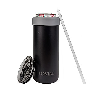 JOVIAL 2 in 1 Stainless Steel Can Cooler Insulated for all 24&25 Oz Cans, Beer Can Cooler,seltzer can coozie, Can insulator,and Work As A Iced Coffee Cup With Lid and Straw (Black)