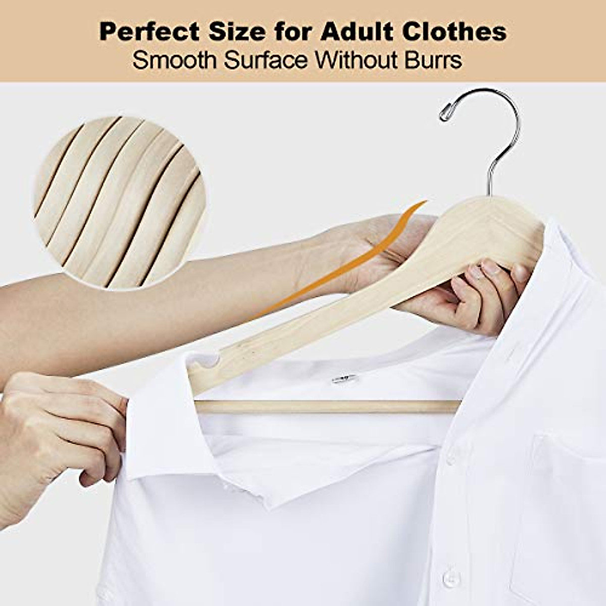 ELONG HOME Solid Wooden Hangers 30 Pack, Slim Wood Coat Hangers with Extra Smooth Finish, Precisely Cut Notches and Chrome Swivel Hook, Wooden Clothes Hangers for Shirt Suit Jacket Dress, Natural