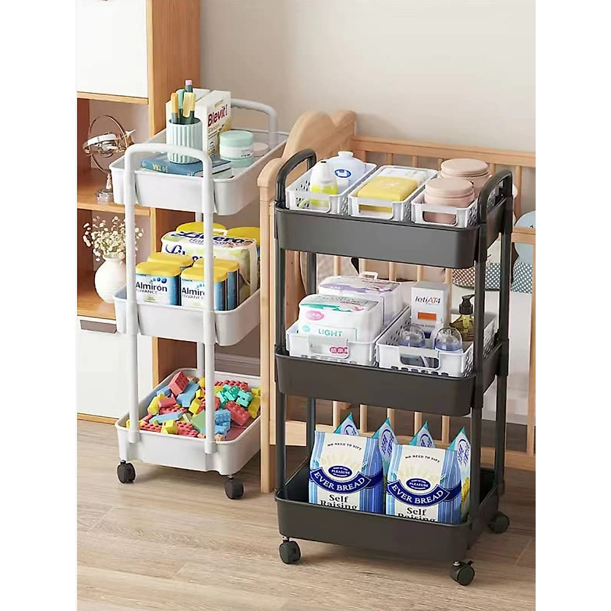 TXT&BAZ Tier Cart 3 Tiers Utility Rolling Cart with Lockable Wheels,Black