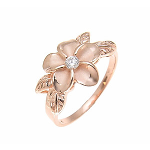 Arthur's Jewelry Pink rose gold plated sterling silver 925 Hawaiian plumeria flower cz maile leaf ring size 7