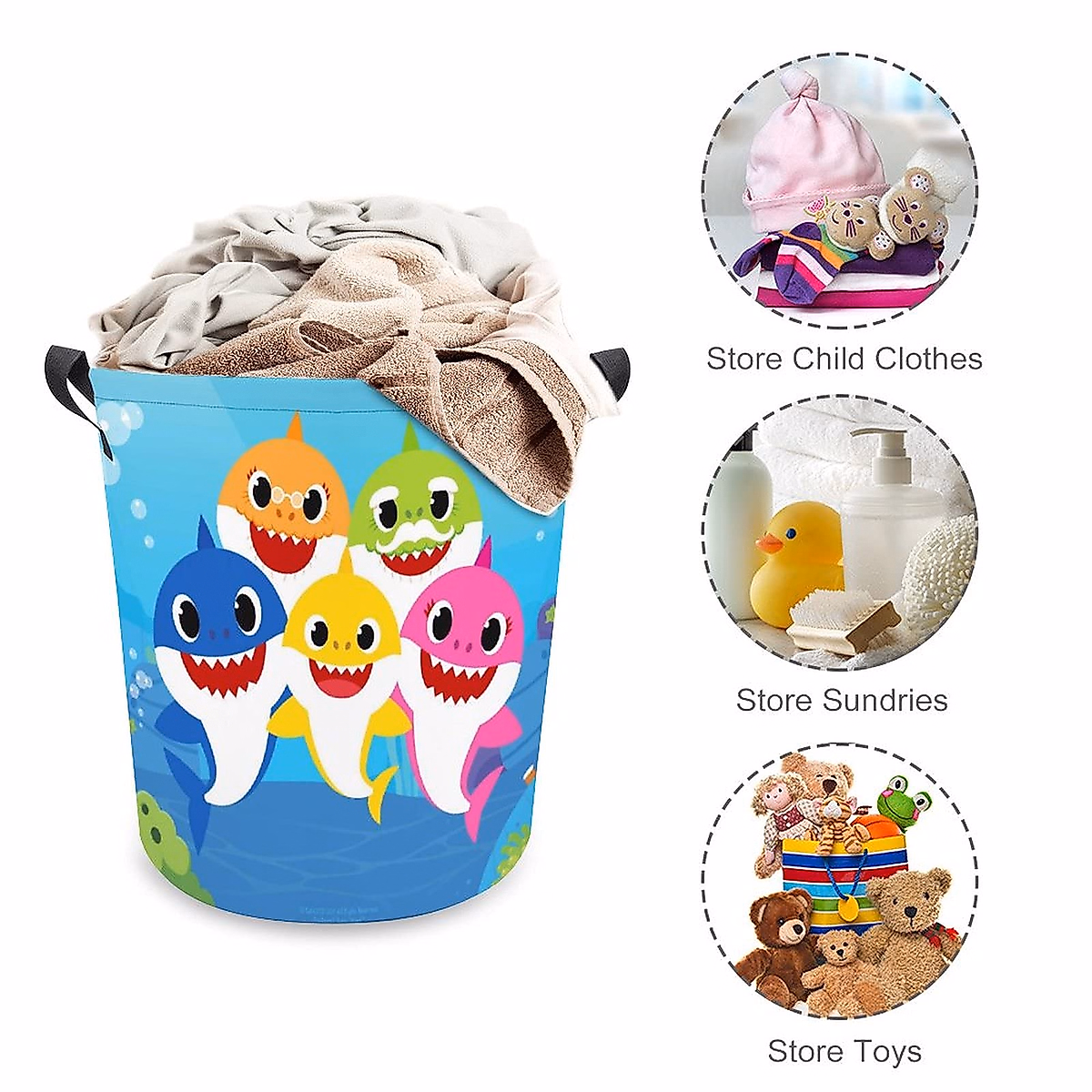 WINKO Baby S-hark Dirty Clothes Hamper Circular Waterpoor Foldable Hamper Dirty Clothes Laundry Basket Storage Bag with Durable Handle for Bedroom,Bothroom,Toys