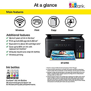 Epson Expression ET-2700 EcoTank Wireless Color All-in-One Supertank Printer with Scanner and Copier, Large