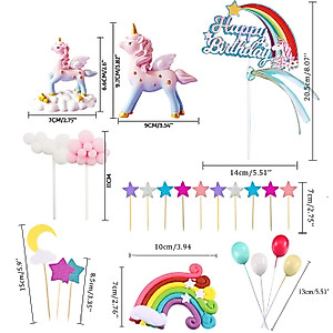 MOVINPE Unicorn Cake Topper, 2 Magic Unicorns Sculpture, 1 Rainbow, 1 Happy Birthday Banner, 2 Cloud, 4 Balloon, 12 Stars, 1 Moon, Cake Decoration For Girl Kid Women Birthday Party
