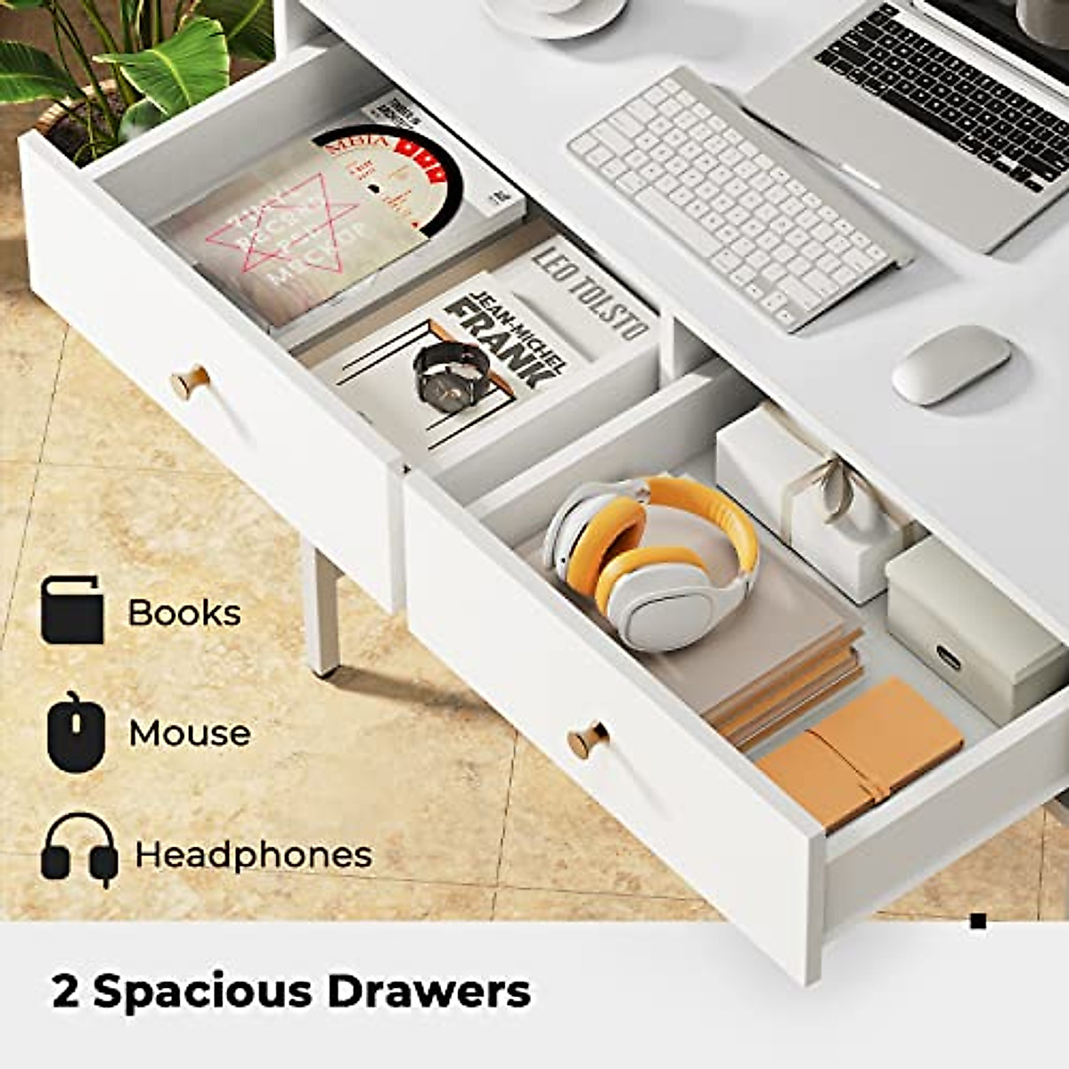 SUPERJARE 35.4" White Desk with 2 Drawers, Modern Makeup Vanity Desk with Padded Stool, Small Computer Desk Home Office Desk for Writing Study Bedroom