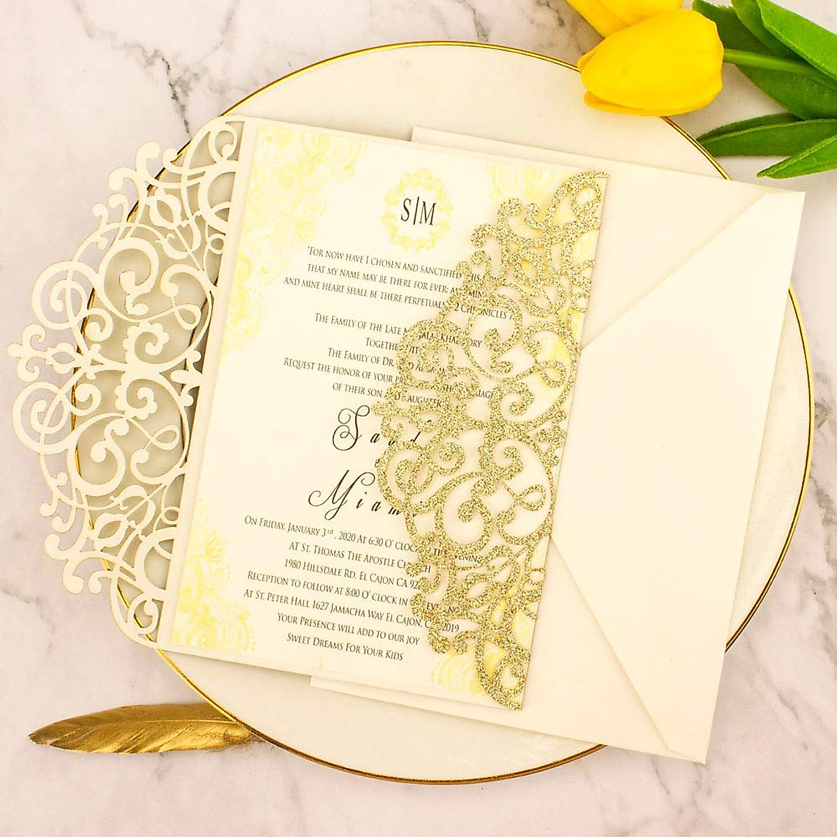50Sets 5x7 inch 250gsm Light Gold Glitter Wedding Invitations Cards with Envelopes Laser Cut Greeting invites 4 Birthday Bridal Show