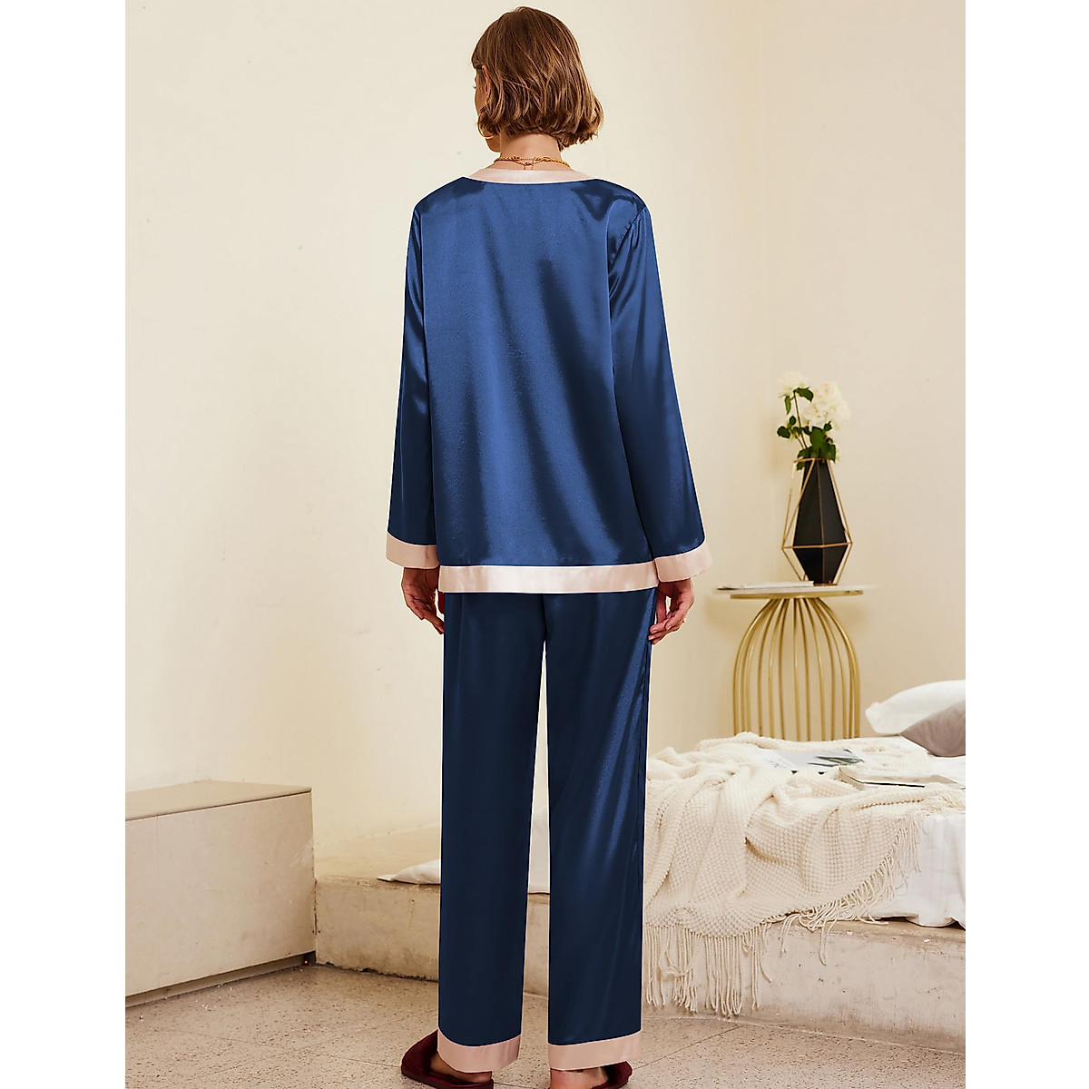Ekouaer 2 Piece Pajama Set for Women Silk Pajama Pants Sets Long Sleeve Pjs Oversized Sleepwear,Navy Blue,L