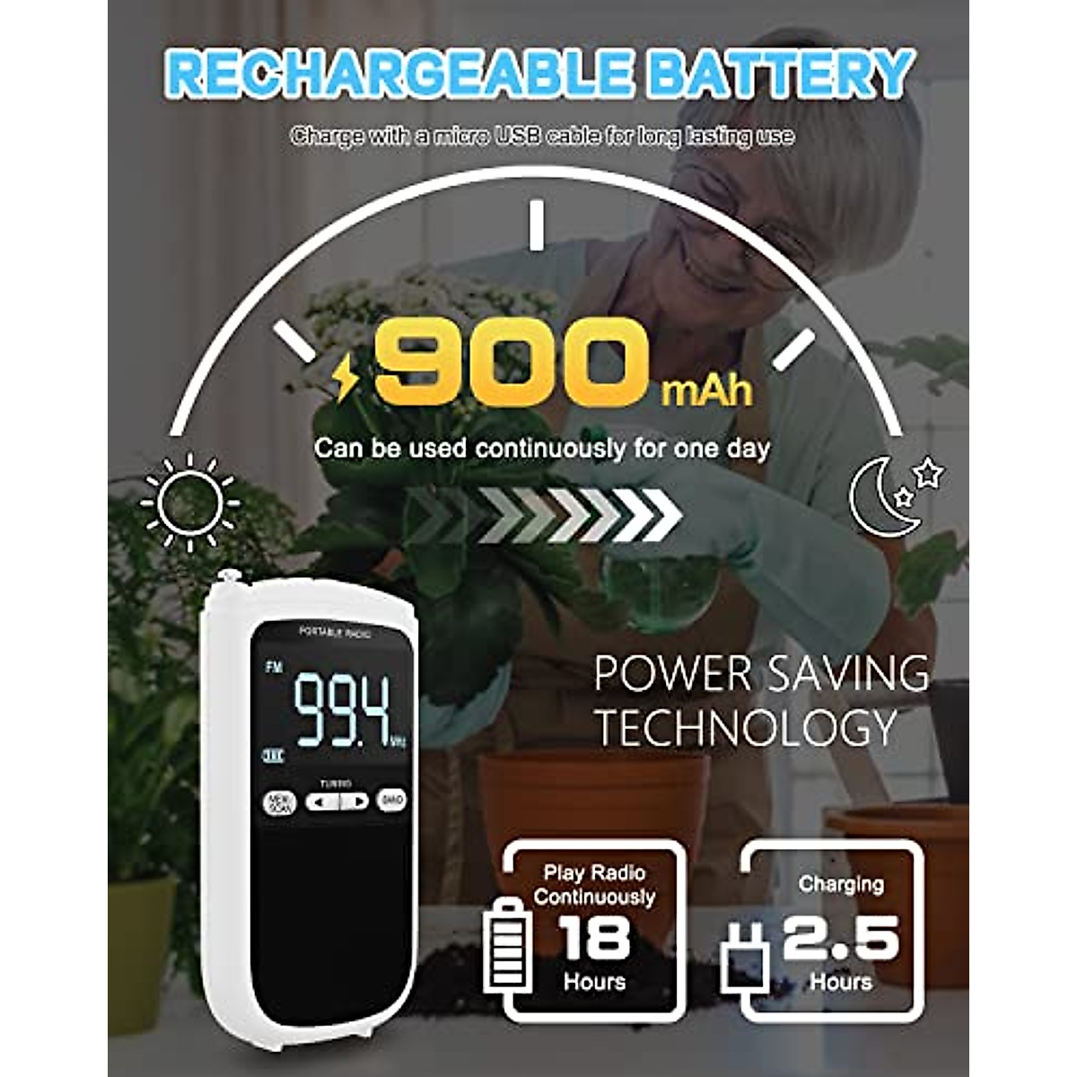 Greadio Portable AM FM Radio, Walkman Transistor Battery Radio with Rechargeable 900mAh Battery, Best Reception, Digtal LCD Screen, Time Seting Pocket Mini Radio for Home, Office, Kids (White)