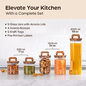 BELLE TERRE Premium Glass Jar Set - 5 Canisters with Airtight Natural Acacia Lids, Custom Labels & Spoons - Food Storage Containers & Pantry Organization - 17oz, 34oz, 68oz - Transparent, Durable
