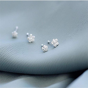 Unique Nose Rings Studs 22 Gauge Body Piercing Jewelry for Women Girls S925 Sterling Silver Tiny Rose Flower Ball Bead Labret Screw Nose Stud Post Pin Hypoallgenic Personalized Jewelry (5mm pair)