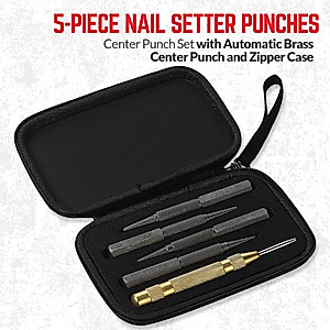 5-Piece Nail Setter Punches and Center Punch Set with Automatic Brass Center Punch and Zipper Case