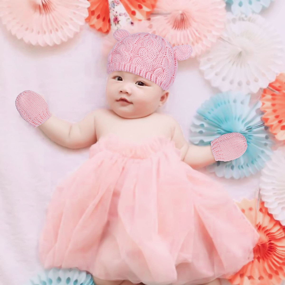 2 Set Newborn Winter Beanie Hats Gloves Kit for Baby Girls Boys Infant Toddler Warm Knitted Hats Glove Autumn Spring 3-6 Months (White & Pink)