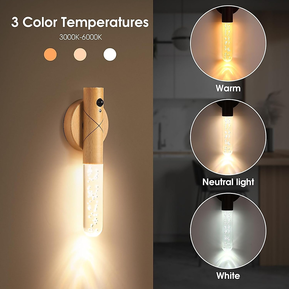 Rechargeable Starry Night Light, Wooden Motion Sensor Light Indoor, Warm White Dimmable Nightlight, Stick-On Magnet Wall Lights for Bedroom, Stair, Hallway, Kitchen