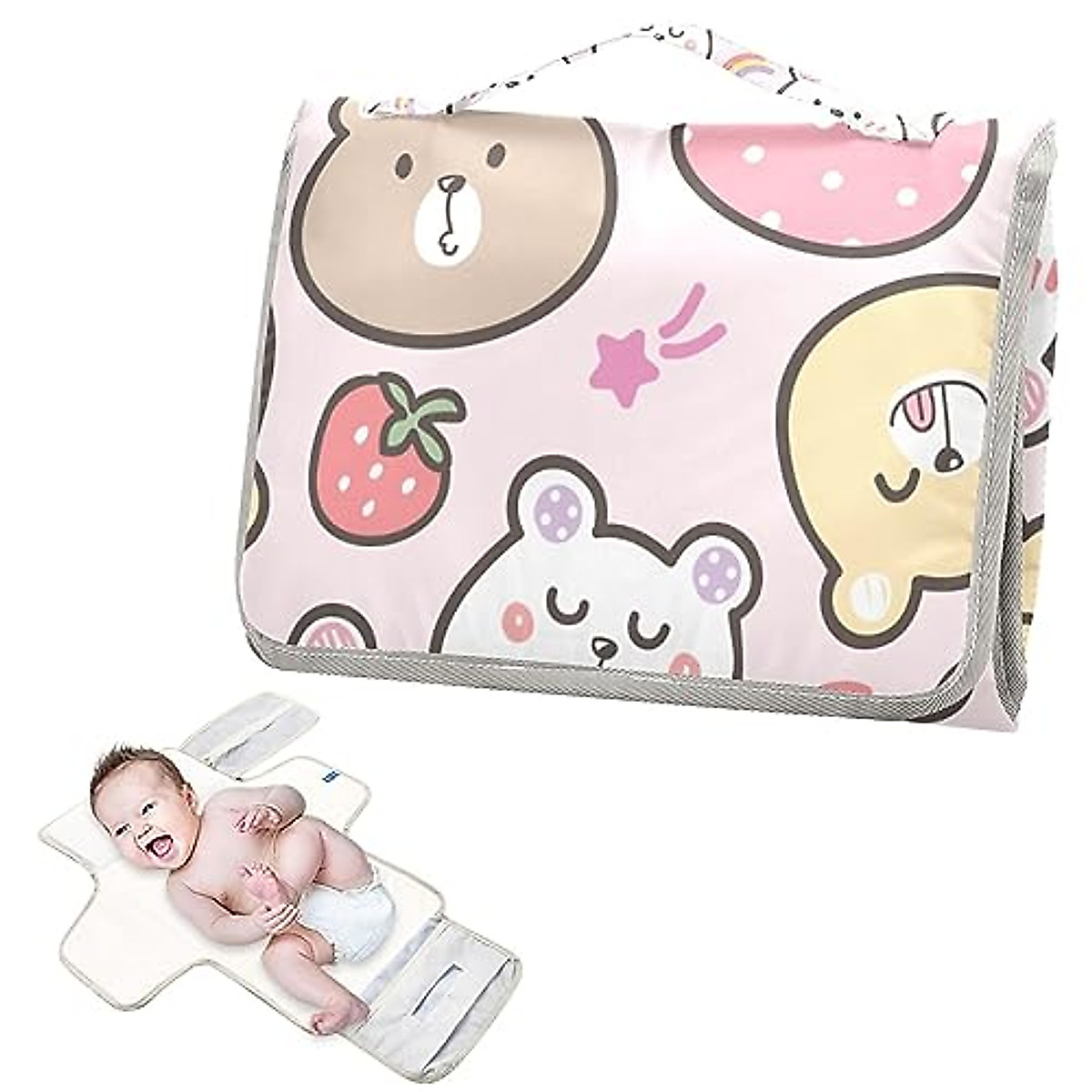 Bulletgxll Cute Bear Face Portable Diaper Changing Pad Waterproof Changing Pad with Baby Tissue Pocket and Magic Stick for Newborn Baby.