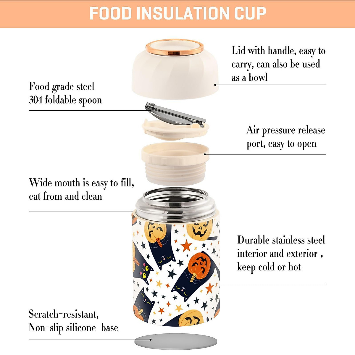 JUNZAN Halloween Cats Pumpkins Kids Womens Insulated Food Jar Container with Spoon 17oz/500ml Containers To Keep Food Hot Stainless Steel Vacuum Portable Thermal Containers for Short Travel