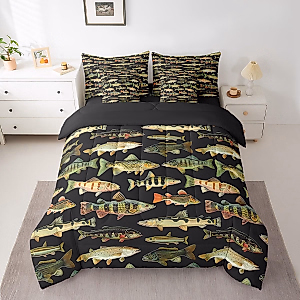Feelyou Kids Fishing 7 Pieces Bedding Set Full Size Vintage Pike Fish Comforter Set for Boys Girls Fishing and Hunting Bed Set Bed in a Bag with Comforter, Sheets, Pillowcases & Cushion Covers