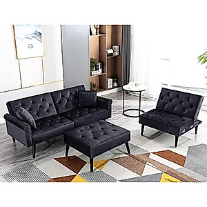 ivinta Convertible Velvet Sofa Couch, Sectional Sofa with Ottoman, Mid-Century Upholstered Comfy Sofa Bed, Queen Sleeper Sofa for 4-Seater, Modular Sofa for Living Room (Black)