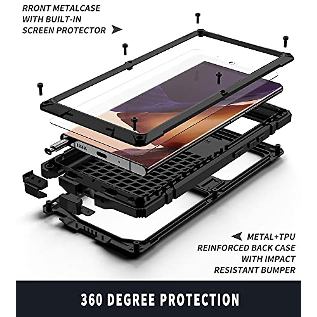 CHENXI for Samsung Galaxy Note 20 Ultra Case, Aluminum Metal Gorilla Glass Waterproof Shockproof Military Heavy Duty Sturdy Protector Cover Hard Case for Samsung Galaxy Note 20 Ultra (Black)