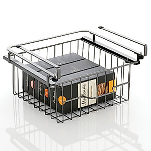 mDesign Compact Hanging Pullout Drawer Basket - Sliding Under Shelf Storage Organizer - Metal Wire - Attaches to Shelving - Easy Install - for Kitchen, Pantry, Cabinet - Graphite Gray