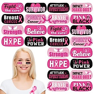 Landhoow 240 Pcs Breast Cancer Awareness Face Tattoos Bulk Pink Ribbon Temporary Tattoo Glitter Eye Body Tattoo Stickers and Decals for Breast Cancer Awareness Party Supply