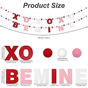 ADXCO 4 Pieces Valentine's Day Garland Banner Set XOXO Be Mine Felt Ball Pom Pom Garland Love Heart Shaped Banner Decorations Romantic Red Pink White Party Supplies for Valentine, Wedding, Engagement
