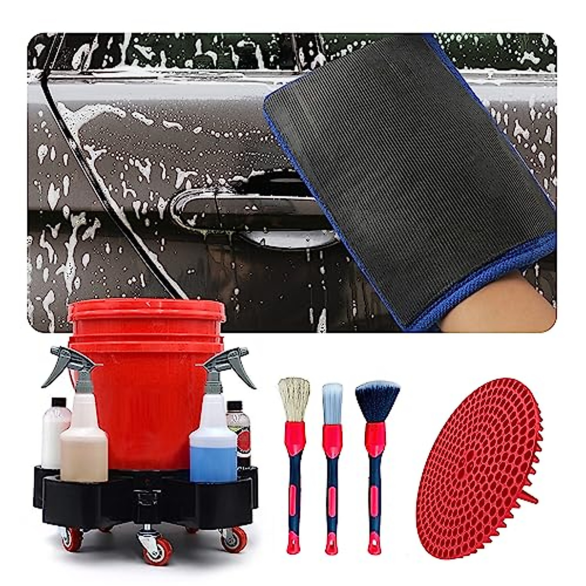 Bucket Dolly 5 Gallon Rolling Bucket Dolly with 5 Rolling Swivel Casters,Heavy Duty Rolling Dolly for Car Wash with Glove ＆ Sand Barrier Net for Car Washing, Detailing, Garage