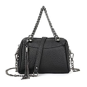 Chikencall Women Black Rivet Handbag and Purse PU Leather Shoulder Bag Satchel with Chain Strap and Metal Tassel Pendant