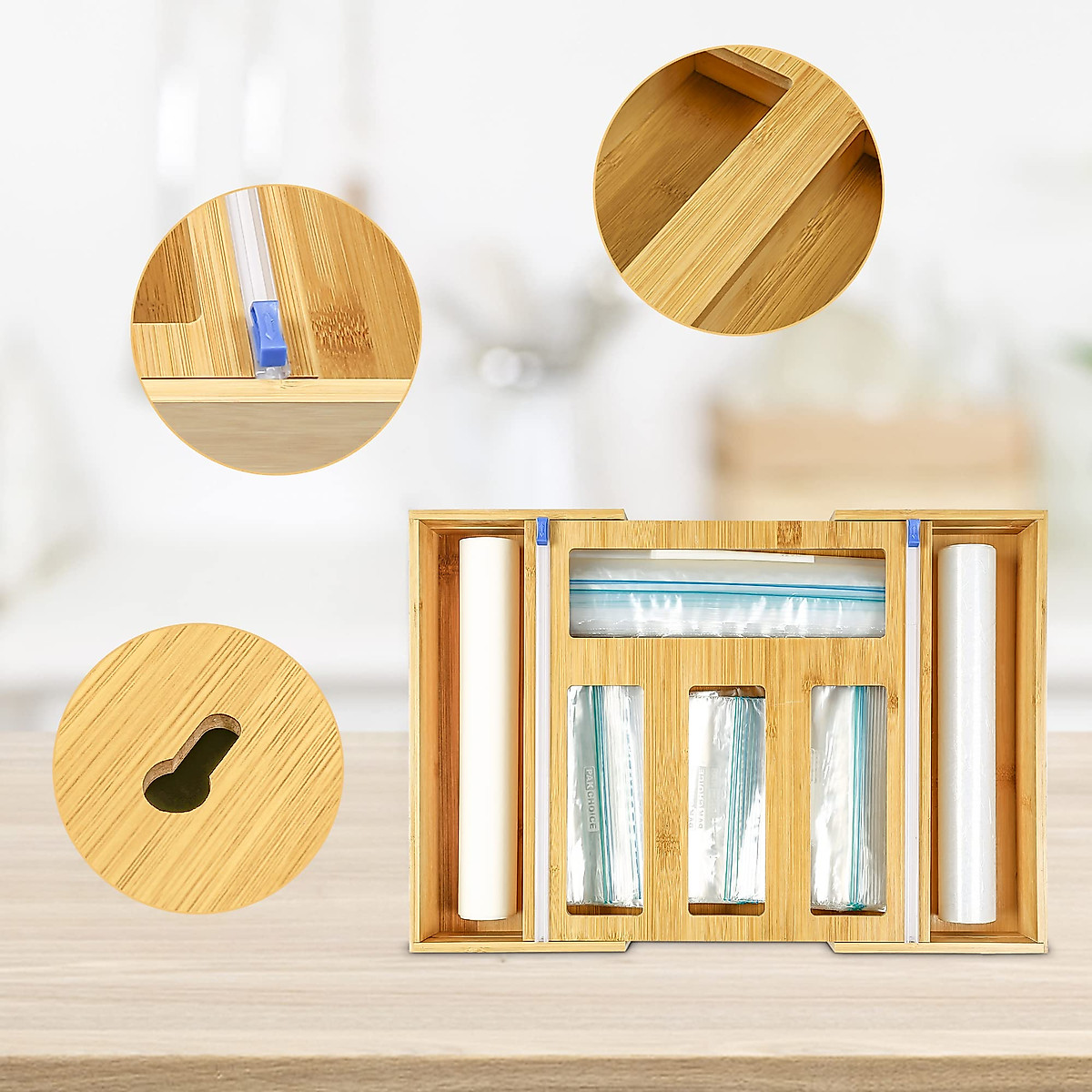 shuang qing Expandable Ziplock Bag Organizer, 6-in-1 Bamboo Food Storage Bag Organizer, for Kitchen Drawer 19.5" X 13.1" X 2.9"