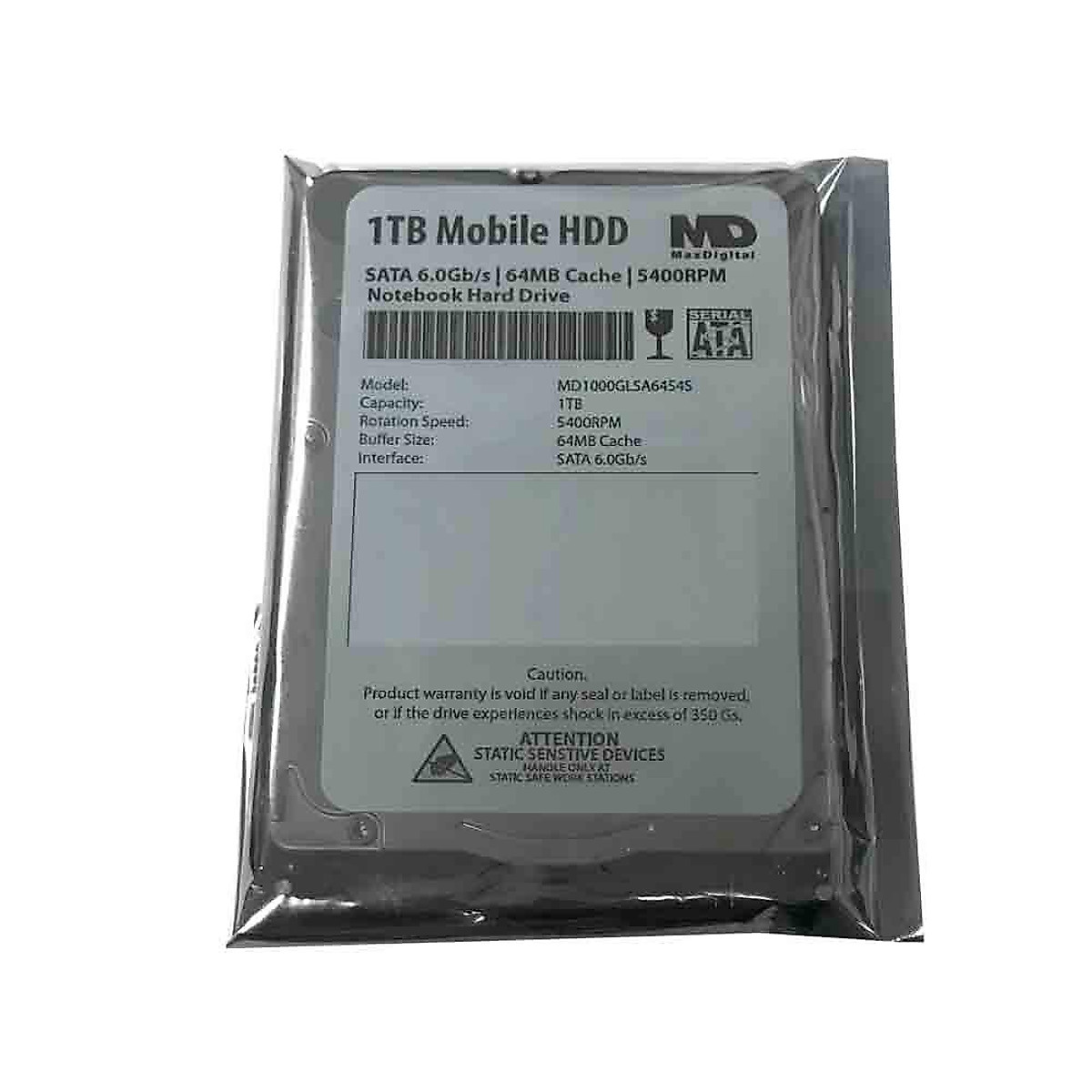 MaxDigitalData 1TB 5400RPM 64MB Cache (7mm) SATA 6.0Gb/s 2.5inch Mobile HDD/Notebook Hard Drive - 2 Year Warranty