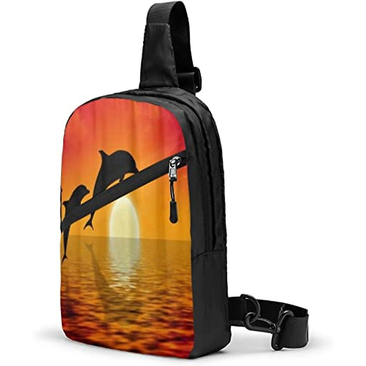 Chest Bag Dolphins Swimming in Sunset,Sling Bags Multipurpose Crossbody Shoulder Backpack Waterproof Travel Hiking