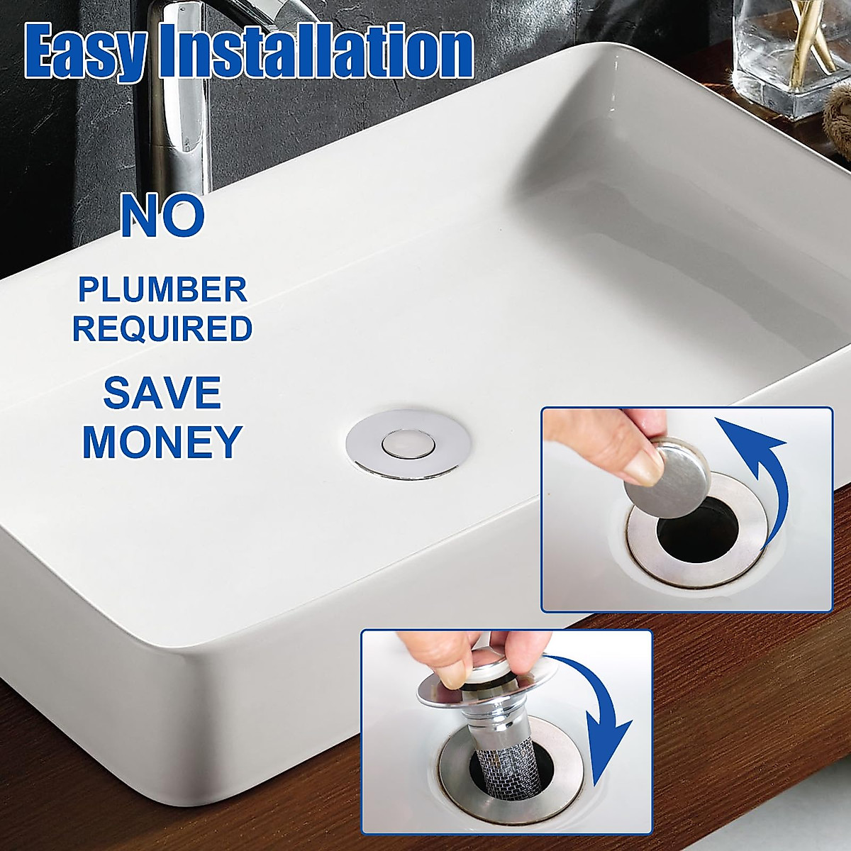 2Pcs Bathroom Sink Drain Strainer Hair Catcher, Pop Up Sink Drain Stopper with Removable Stainless Steel Filter Basket, for US Universal Bathroom Kitchen Basin Sink Stopper Replacement