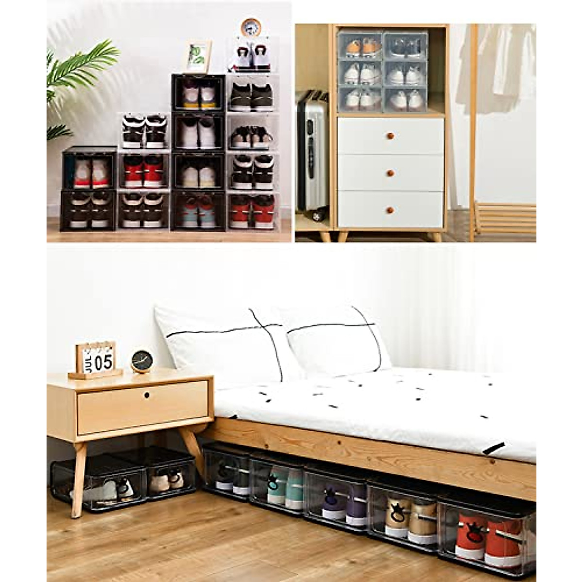 Naocca Shoe Storage Boxes Plastic Stackable 6 Pack Shoe Organizer for Closet, Space Saving Shoe Holder Sneaker Containers Bins for Entryway Drop Front Cubby, Fit up to Women's Size 12 White