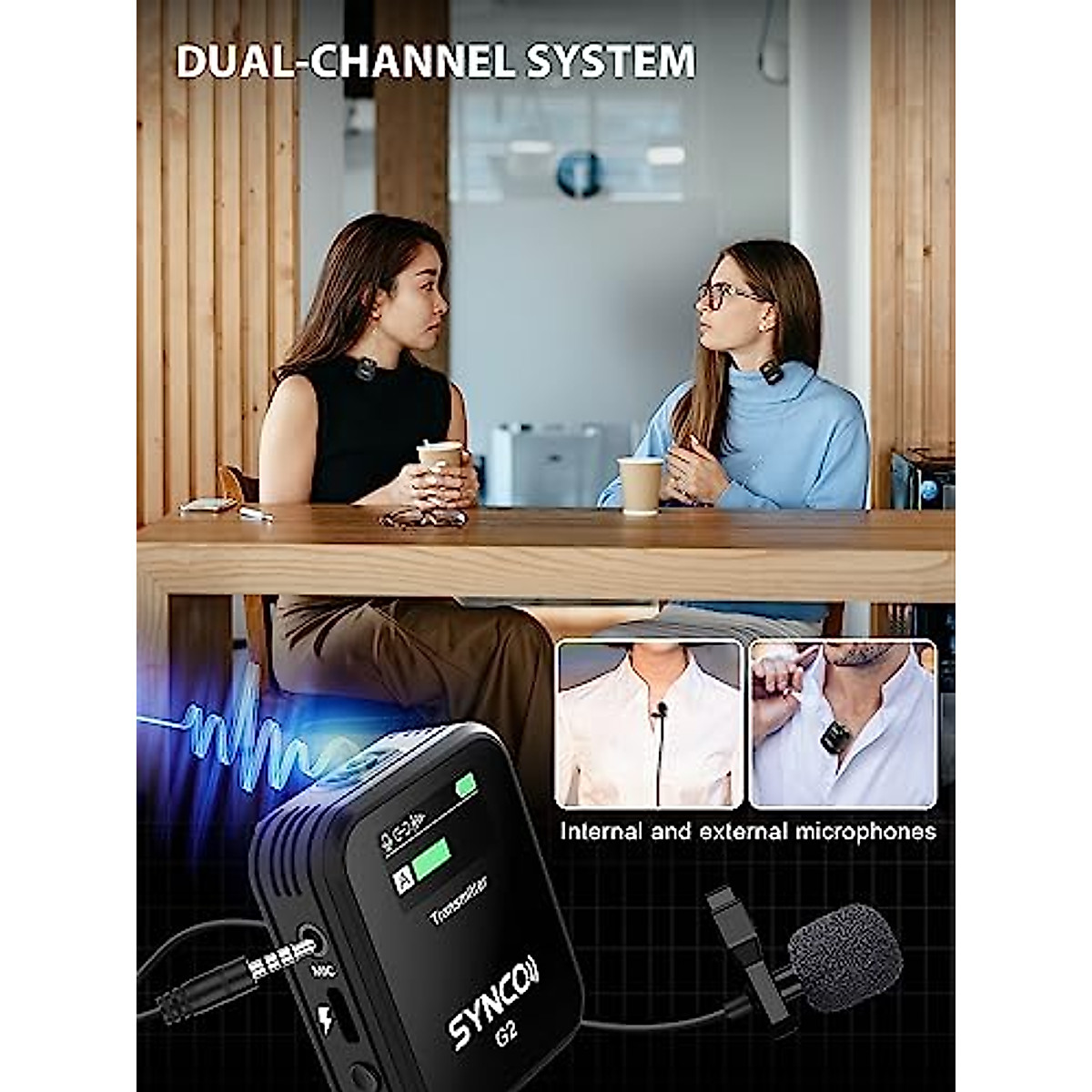 SYNCO Wireless Lavalier Microphone, G2(A2) 2.4G Dual Transmitter 48KHz 24Bit Lapel Mic 656FT 8H for Online Class Vlog Stream YouTube for Camera Smartphone Tablet