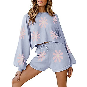 Ekouaer Lounge Sets for Women Pajama Sets for Women Soft Long Puff Sleeve Two Piece Knit Outfits Sweat Sets Floral Blue Large