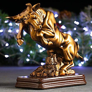 Charging Bull Statue with Brown Pedestal Base Made of Gold-Finished Polystone - Bull Market Figurine Wallstreet Bull