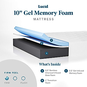 LUCID 10 Inch Firm Gel Memory Foam Mattress and LUCID L300 Adjustable Base (Full)