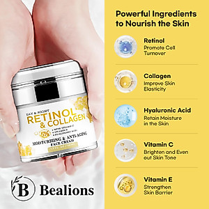 Bealions Retinol Collagen Cream - Hydrating Hyaluronic Acid Face Moisturizer, Anti-Aging & Firming, Vitamin C+E, for All Skin Types, USA-Made, 1.7 Fl Oz