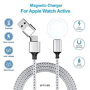 5 in 1 Smart Watch Charger Cable 6FT Magnetic iWatch Charger Multi Charging Cable with Lightning*2+Type C Nylon Braided iPhone Charger for Apple Watch Series 7/6/5/4/3/2/1/SE/iPhone/iPad/Samsung/Andr