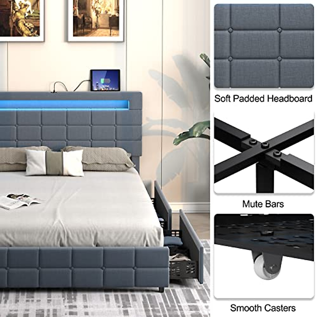Giantex Queen Bed Frame with LED Lights and 4 Drawers, Upholstered Platform Bed Frame with USB Ports, Tufted Adjustable Headboard Design, Solid Wooden Slat Support, No Box Spring Needed