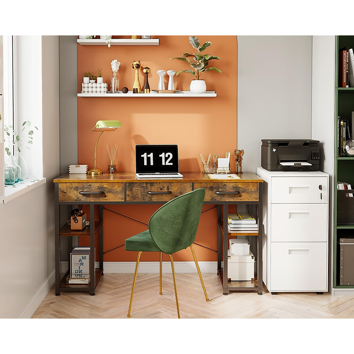 ODK Office Small Computer Desk: Home Table with Fabric Drawers & Storage Shelves, Modern Writing Desk, Vintage, 48"x16"