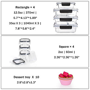 Moretoes 26Pcs (8 Food Storage Containers, 8 Lids and 10 Silicone Food Trays) Meal Prep Containers Glass Food Storage Containers with Lids, Leak-proof Sealed Storage Containers for Lunch Microwave