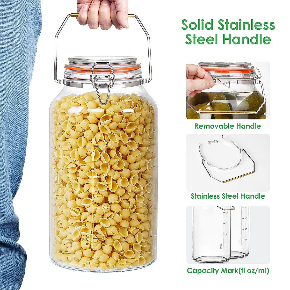 Wide Mouth Glass Mason Jar with Glass Flip Lid and Silicone Seal, 1.5 Gallon Glass Jar with Handle, Big Pickle Jars with Capacity Mark, Large Glass Jar with Lid for Kitchen Food Storage(1 Pack)