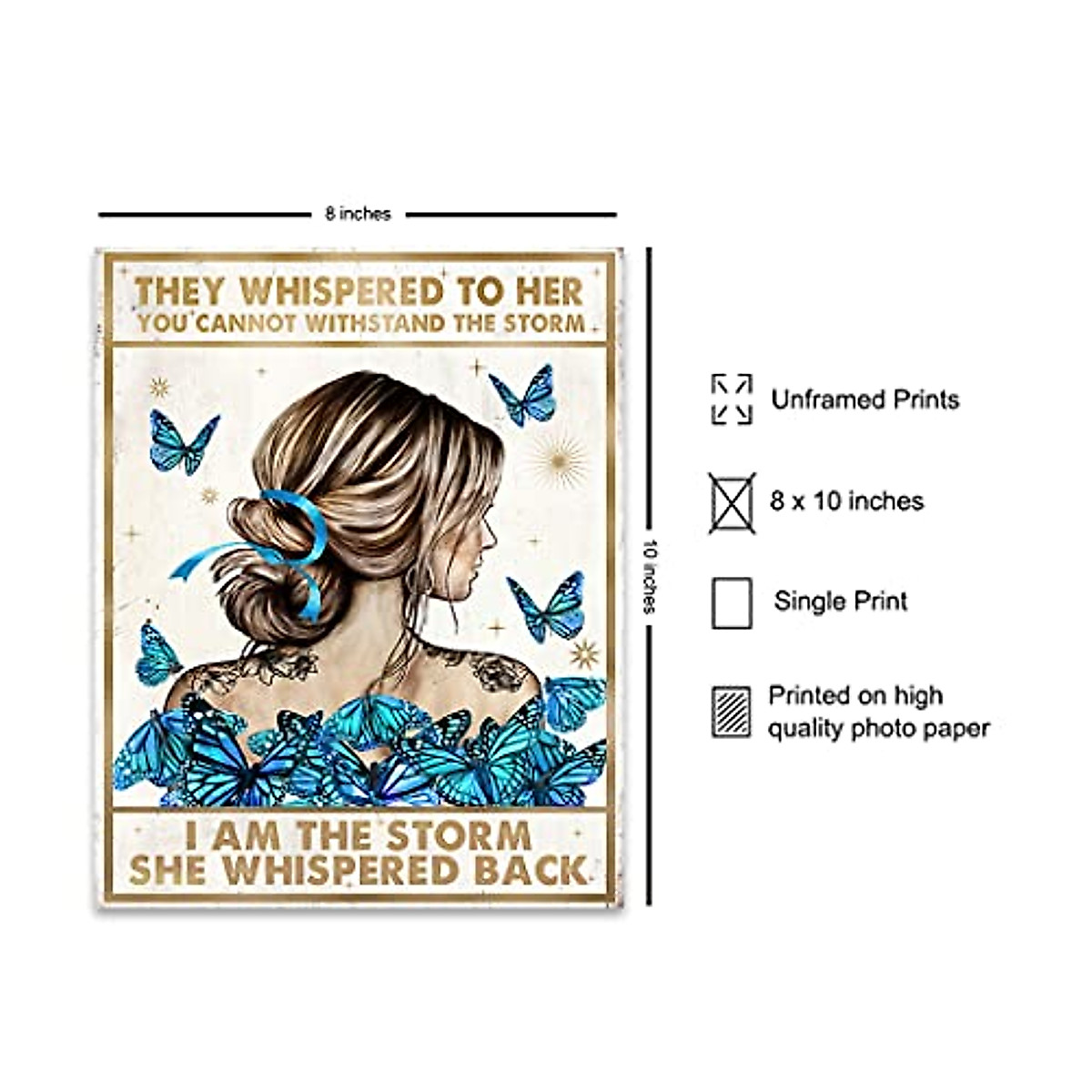 Positive Quotes Inspiration Wall Art & Decor - She Whispered Back I Am The Storm - Boho Hippie Wall Art - Motivational poster - Encouragement Gift for Woman - Blue Bedroom Home Office Living room Art