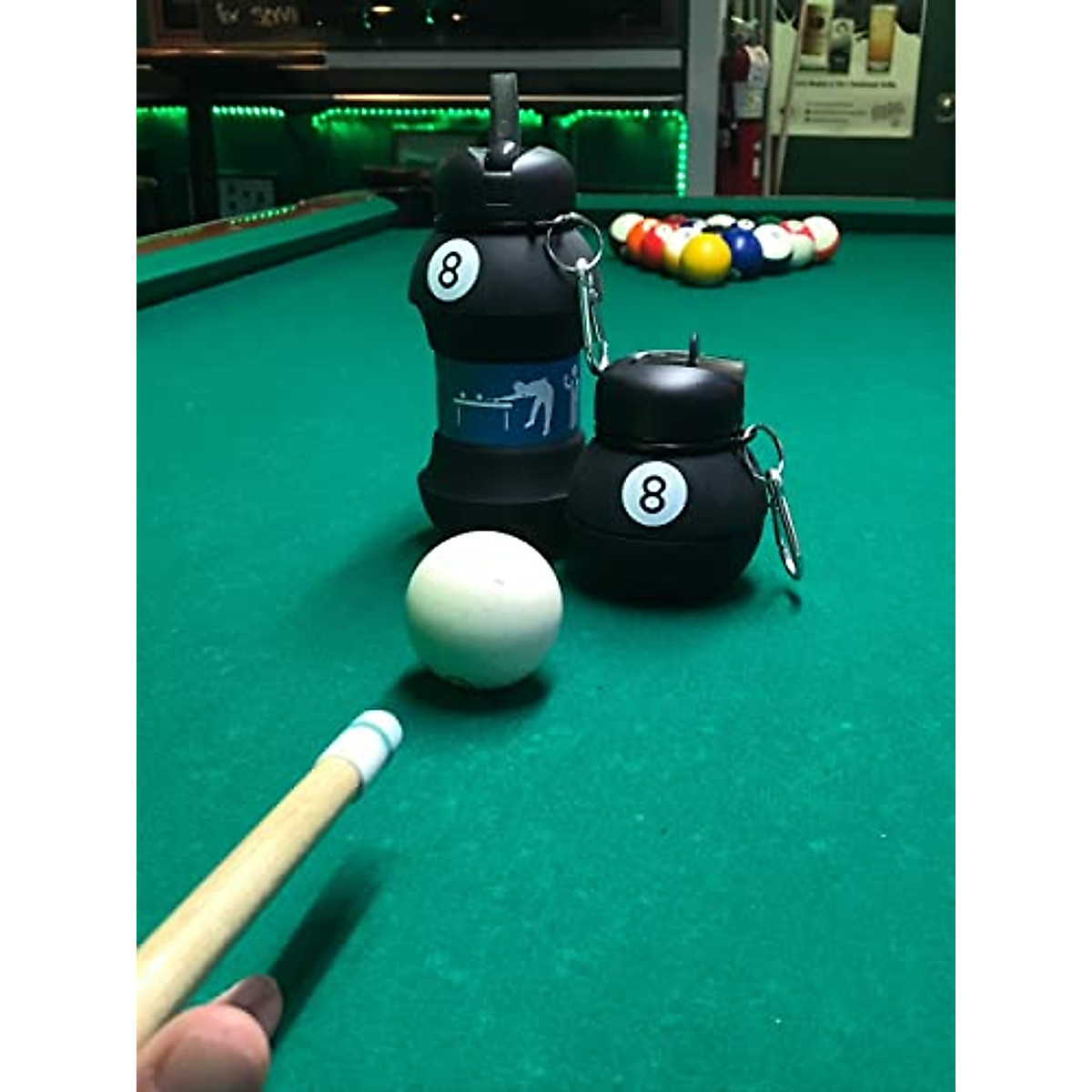 8 Ball Water Bottle - Collapsible Silicone Durable Handheld H2O Wide Mouth Black Sports Billiards Ball Container holds 19oz