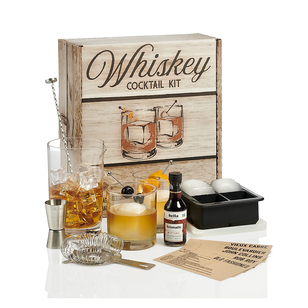 Whiskey Cocktail Kit: Rocks Drinking Glass Set, 750ml Crystal Mixing Glass, Ice Cube Mold, Stainless Bar Spoon Muddler, Strainer, Jigger, Garnish Picks, Bitters, Recipes Cards for Old Fashioned & More