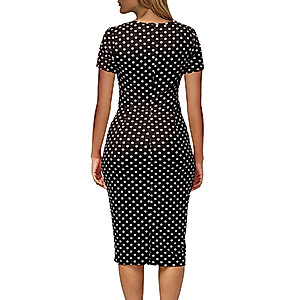 CISMARK Women's Casual Polka Dot Short Sleeve Round Neck Work Pencil Dress Black L