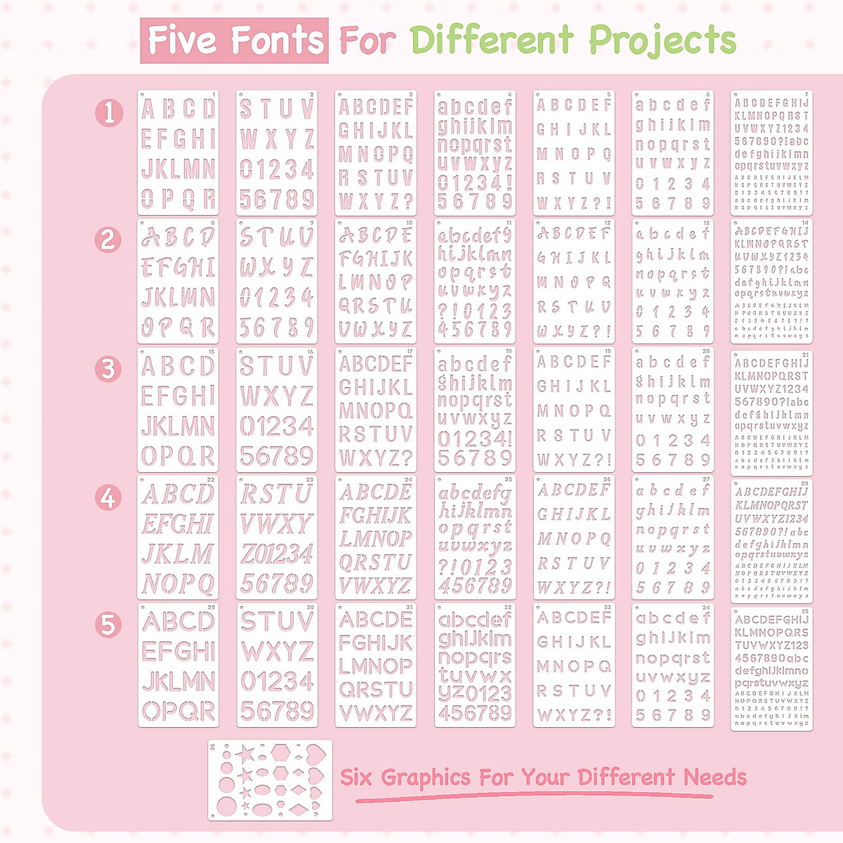 1/4, 1/2, 3/4, 1, 5/4 Inch Letter Stencils for Painting – 36 PCS (5.1 X 7.9 Inch) Plastic Stencils for Crafts Reusable - Small Number and Alphabet Stencils