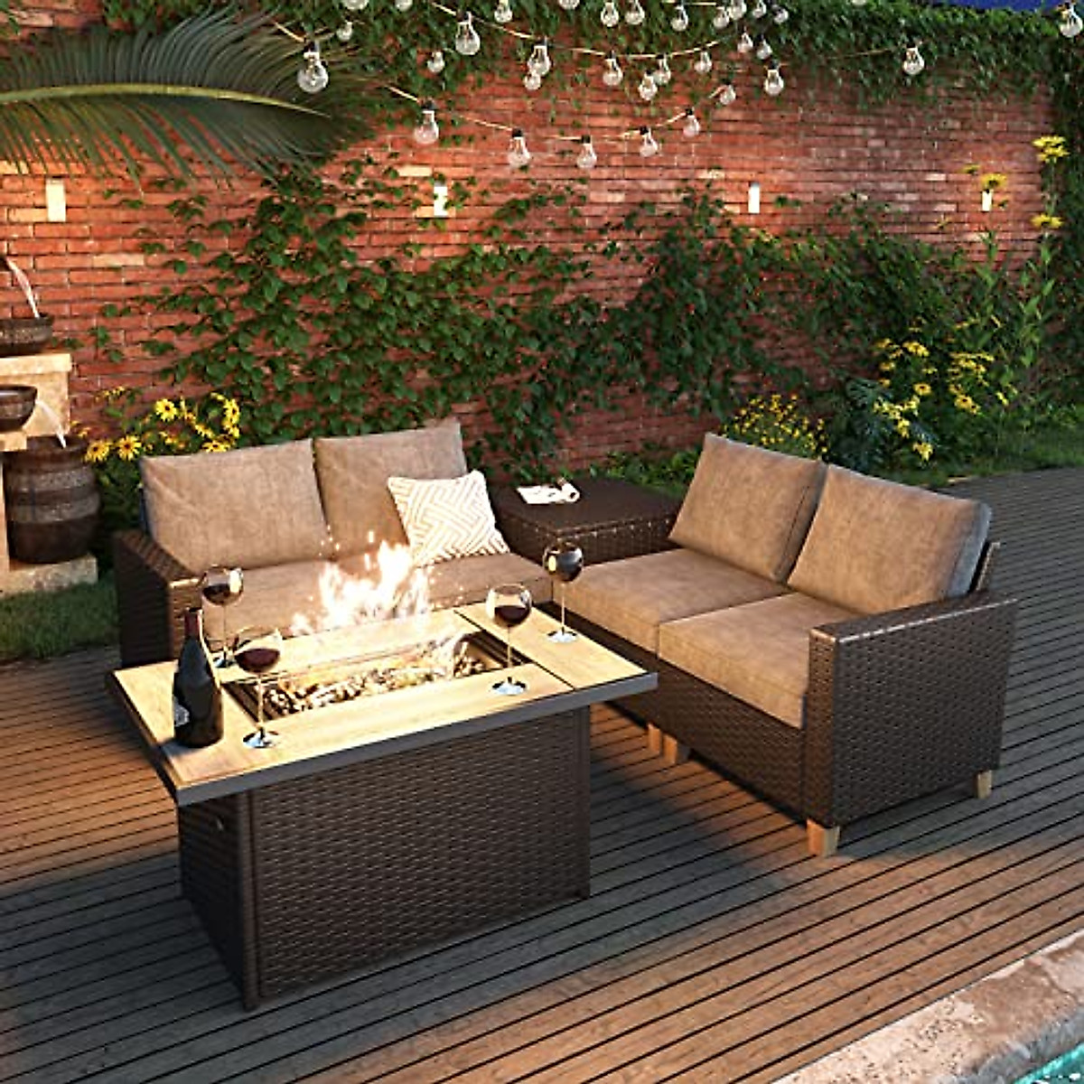Grand patio Sofa Sets 6 Pieces Luxury Conversation Set with Fire Pit Table, Heavy Duty Rattan Patio Furniture Sectional with Thick Cushions for Yard Garden Porch(Brown Set with Fire Table, 6 PCS)